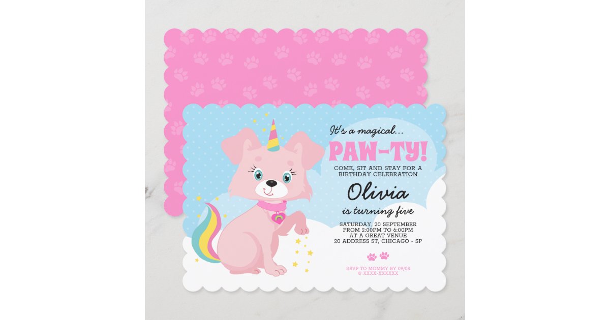Unicorn Puppy - Unipuppy Girly Birthday Invitation | Zazzle