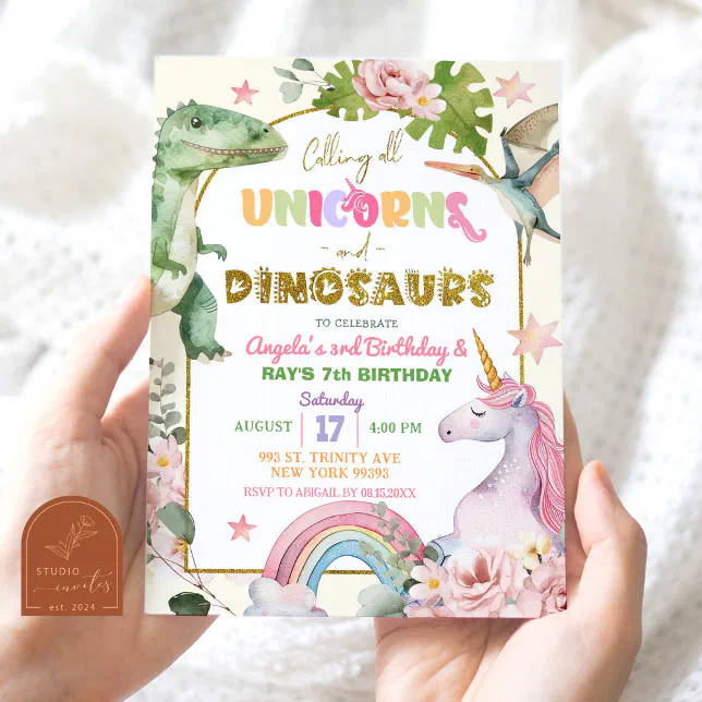 Unicorns and Dinosaurs Joint Sibling Birthday Invitation | Zazzle