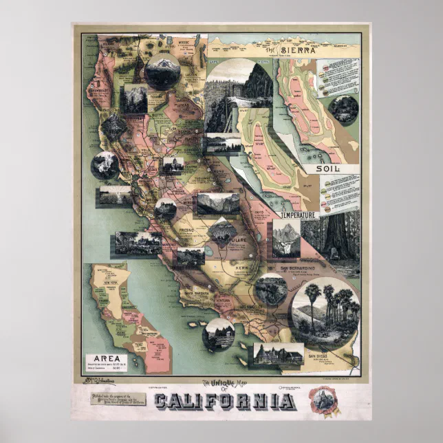 Unique Map of California (1888) Poster | Zazzle