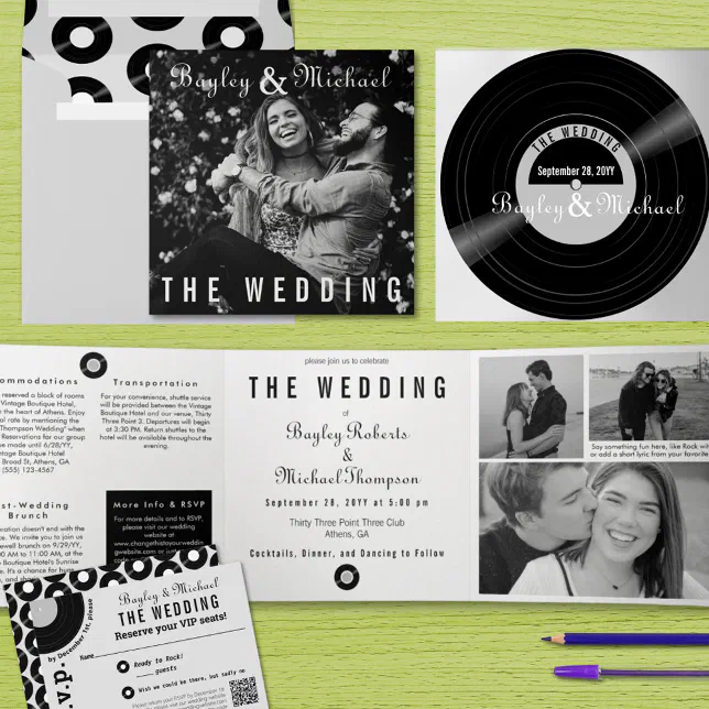 Unique Record Album Cover B&W Photo Wedding Tri-Fold Invitation | Zazzle