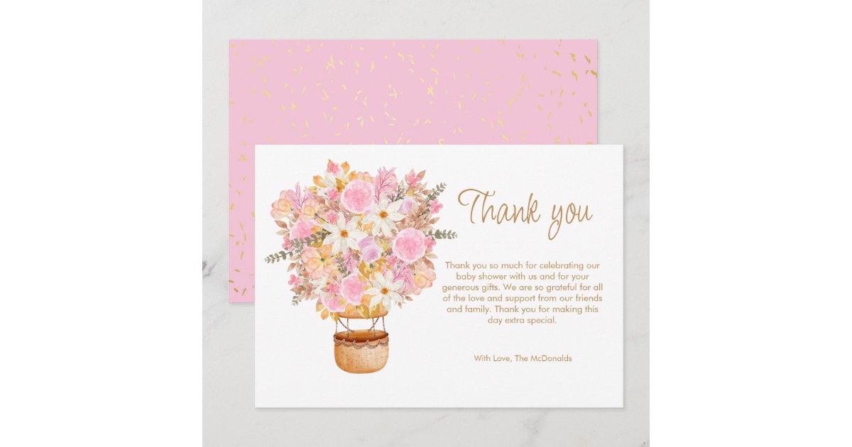 Up Up and Away Pink Floral Balloon Baby Shower Thank You Card | Zazzle