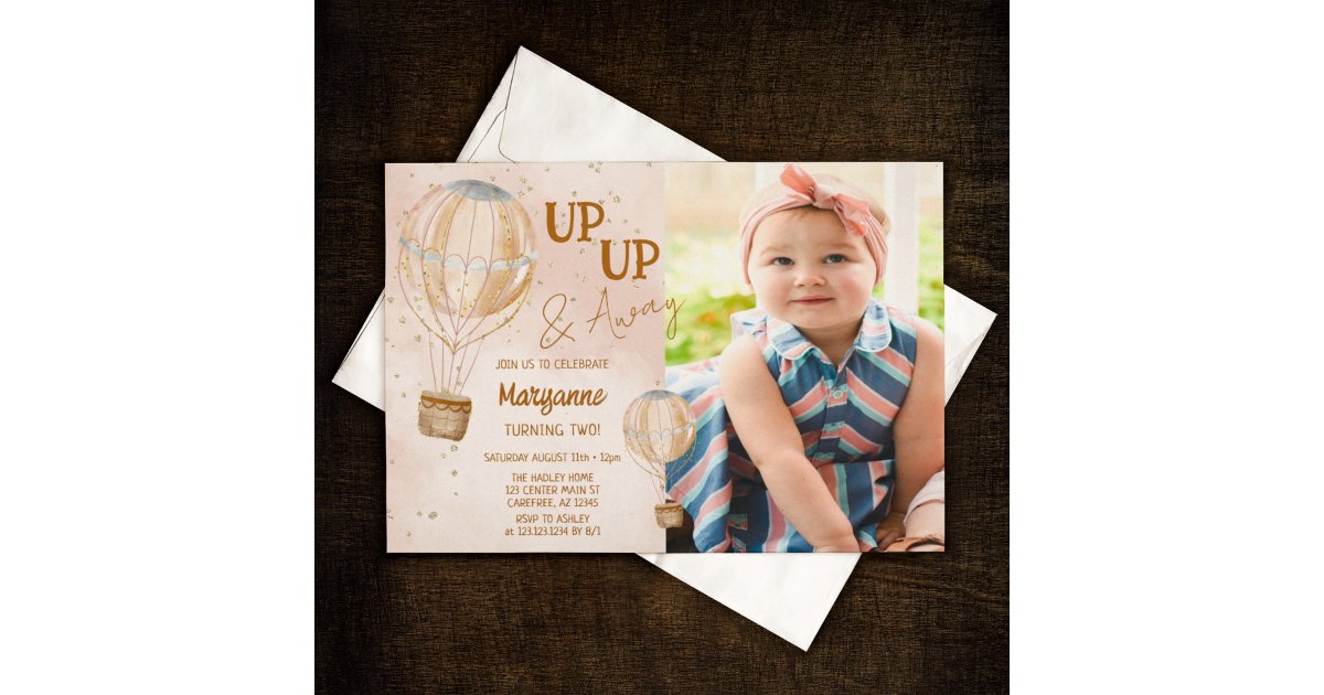 Up Up & Away Hot Air Balloon Photo 2nd Birthday Invitation | Zazzle