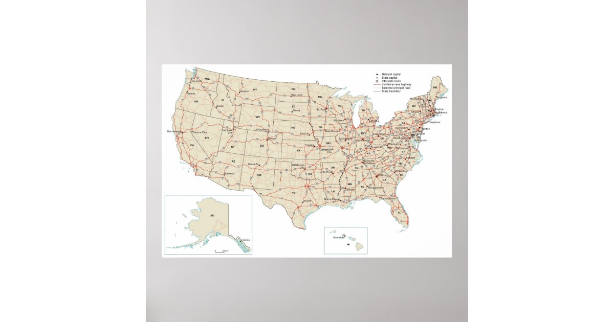 US Highways Road in the United States Map Poster | Zazzle