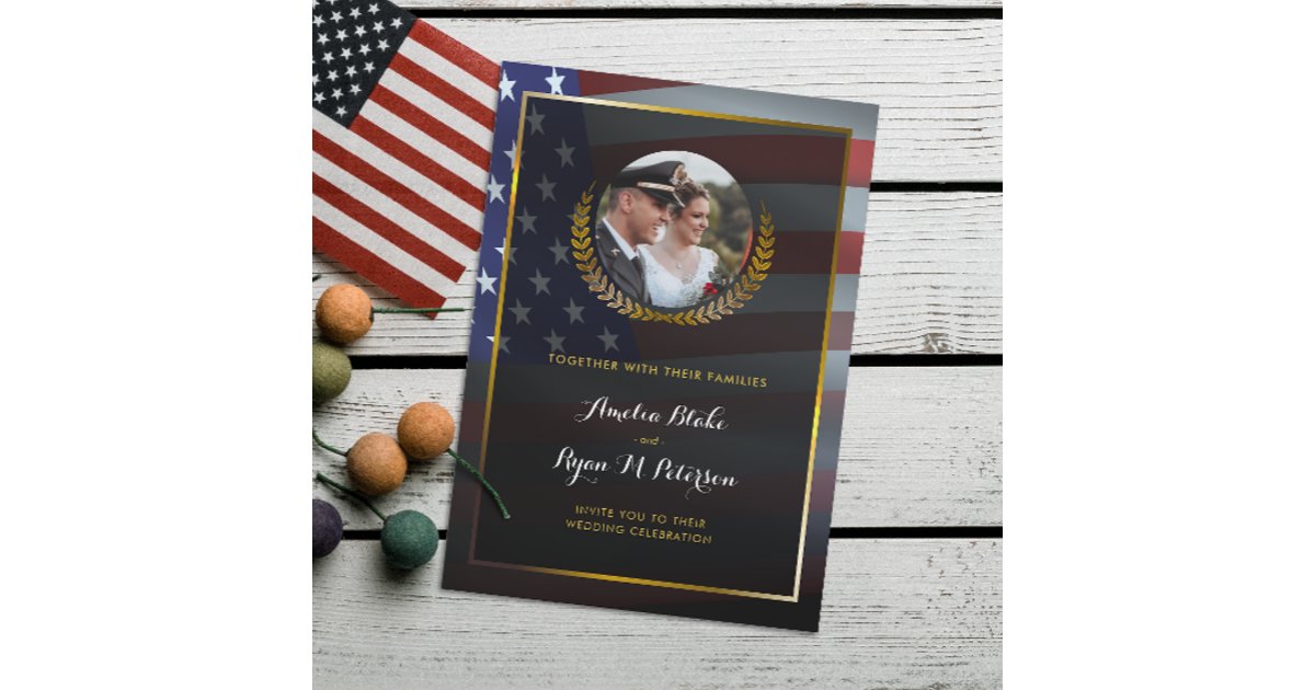 USA Flag | Gold Laurel Leaves | Luxury Wedding Invitation | Zazzle
