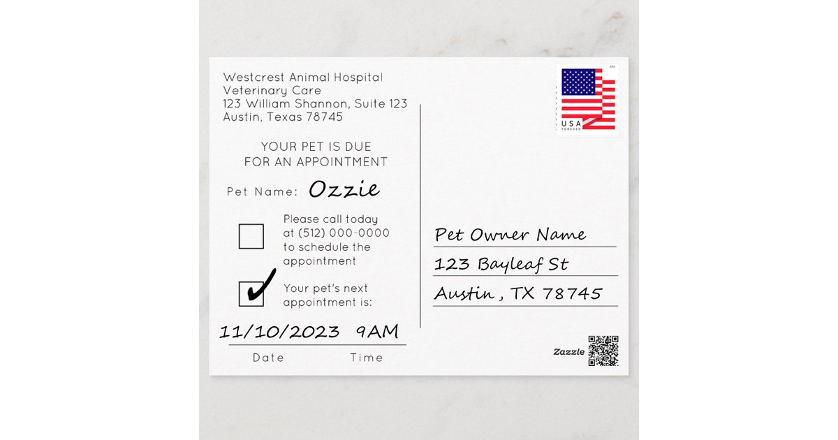 Veterinary Appointment Reminder Postcard | Zazzle