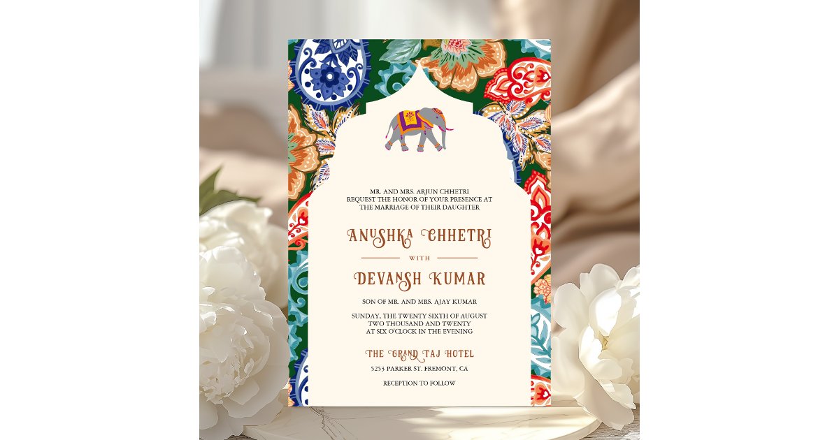 Vibrant Indian Folk Art Elephant Cream Wedding Invitation | Zazzle