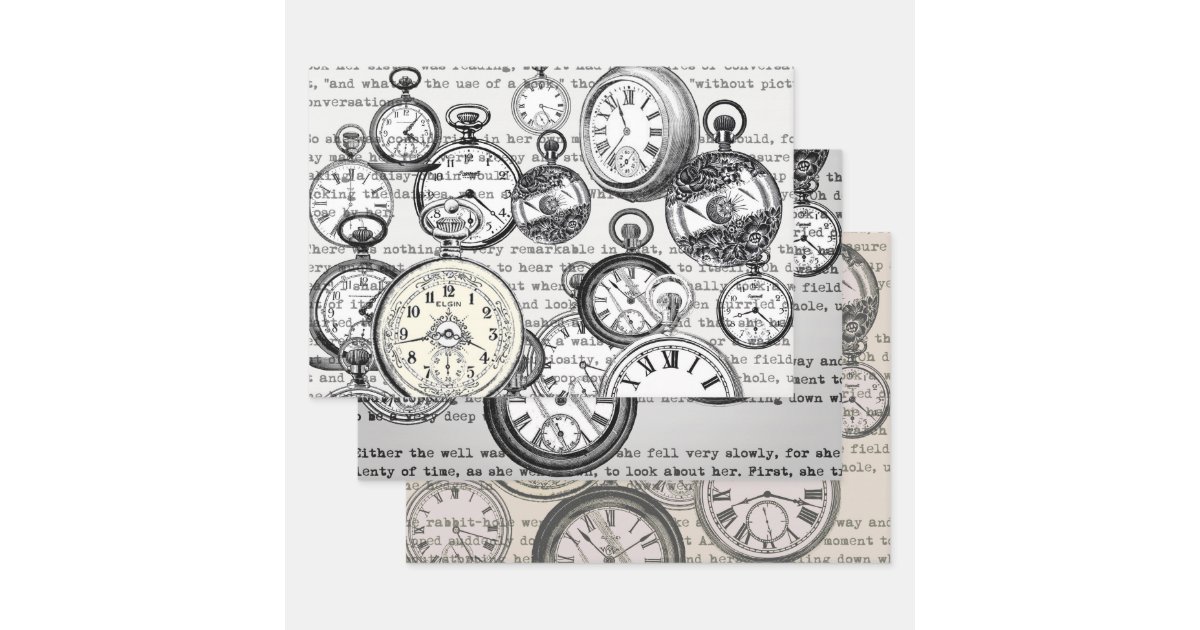 Victorian Pocket Watch Collage Alice in Wonderland Wrapping Paper Sheet ...