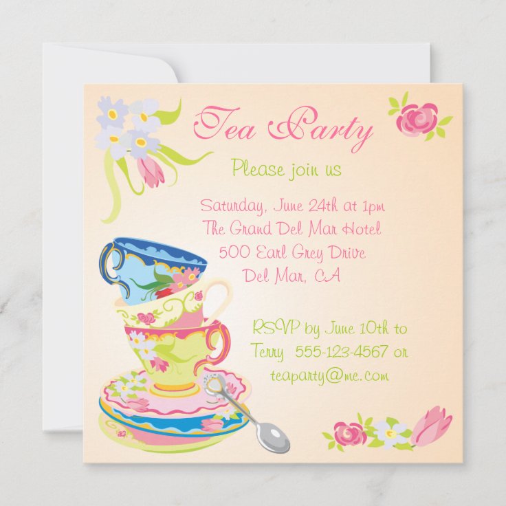 Victorian Stacked Tea Cups Tea Party Invitation | Zazzle
