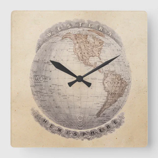 Vintage 1800s World Map Western Hemisphere Globe Square Wall Clock | Zazzle