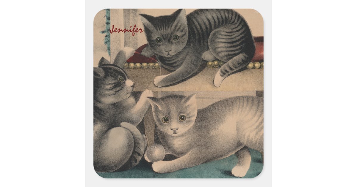 Vintage Adorable Kittens Lithograph Square Sticker | Zazzle
