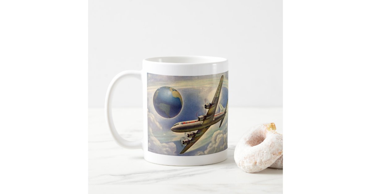 Vintage Aeroplane Flying Around the World in Cloud Coffee Mug | Zazzle