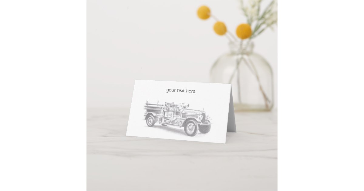 vintage firetruck pencil sketch fireman drawing place card | Zazzle