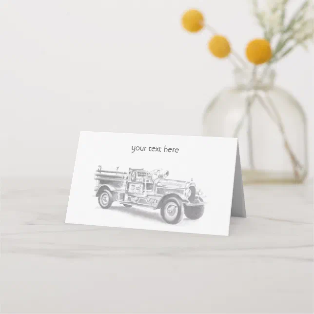 vintage firetruck pencil sketch fireman drawing place card | Zazzle
