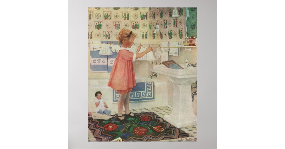 Vintage Girl, Child Doing Laundry Hanging Clothes Poster | Zazzle