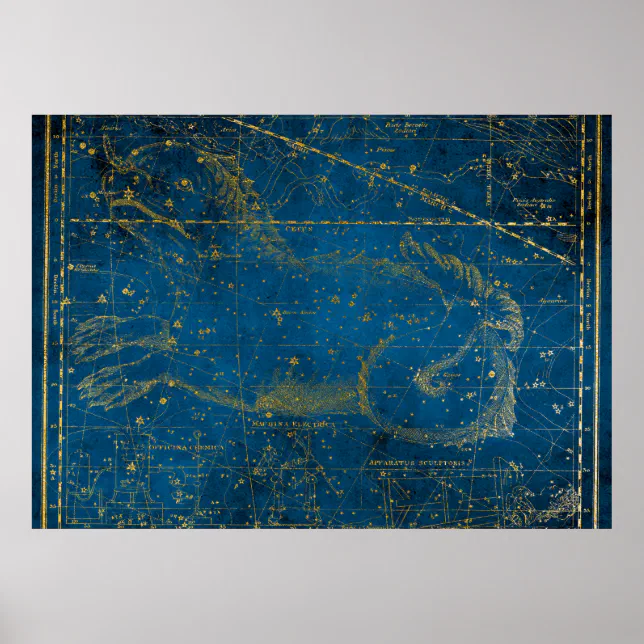 Vintage Illustrated Mid Blue & Gold Star Map Poster | Zazzle