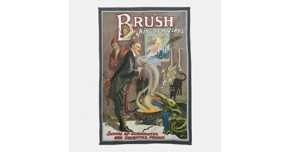 Vintage Magic Poster, Brush, King of Wizards Tea Towel | Zazzle