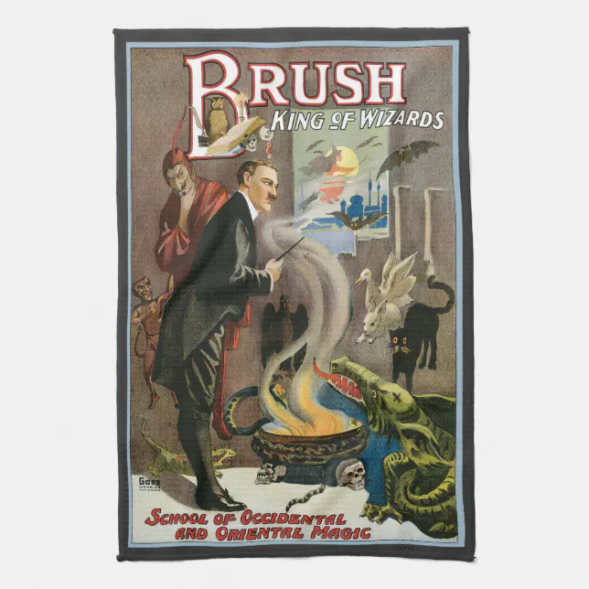 Vintage Magic Poster, Brush, King of Wizards Tea Towel | Zazzle