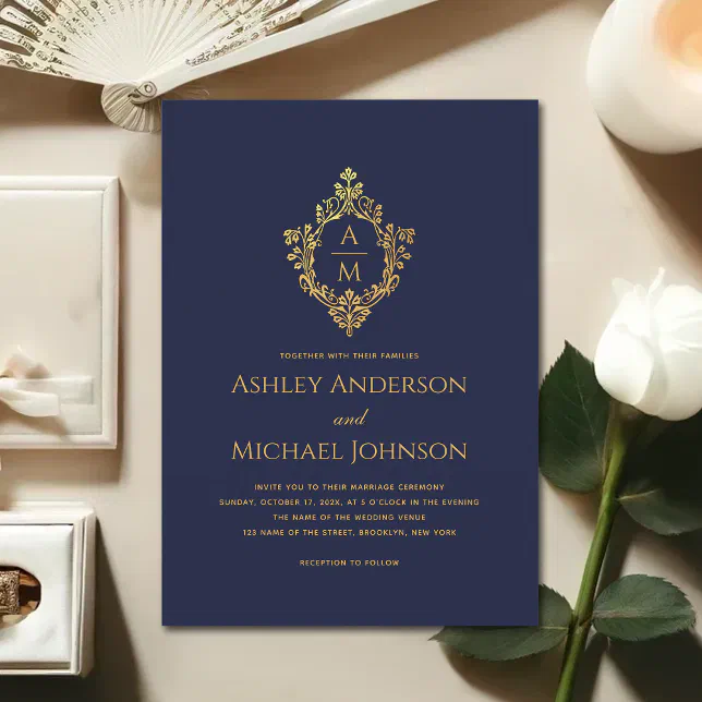 Vintage Monogram Crest Navy Blue Faux Gold Wedding Invitation | Zazzle
