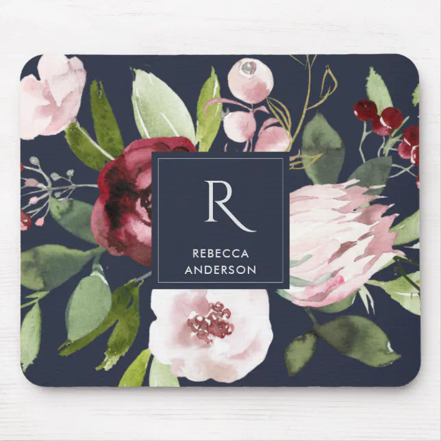 VINTAGE NAVY BLUSH PINK BURGUNDY PROTEA FLORAL MOUSE PAD | Zazzle