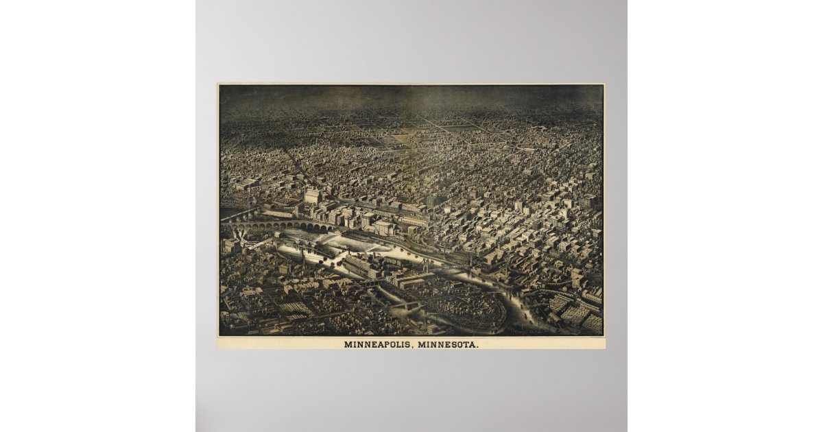 Vintage Pictorial Map of Minneapolis MN (1885) Poster | Zazzle