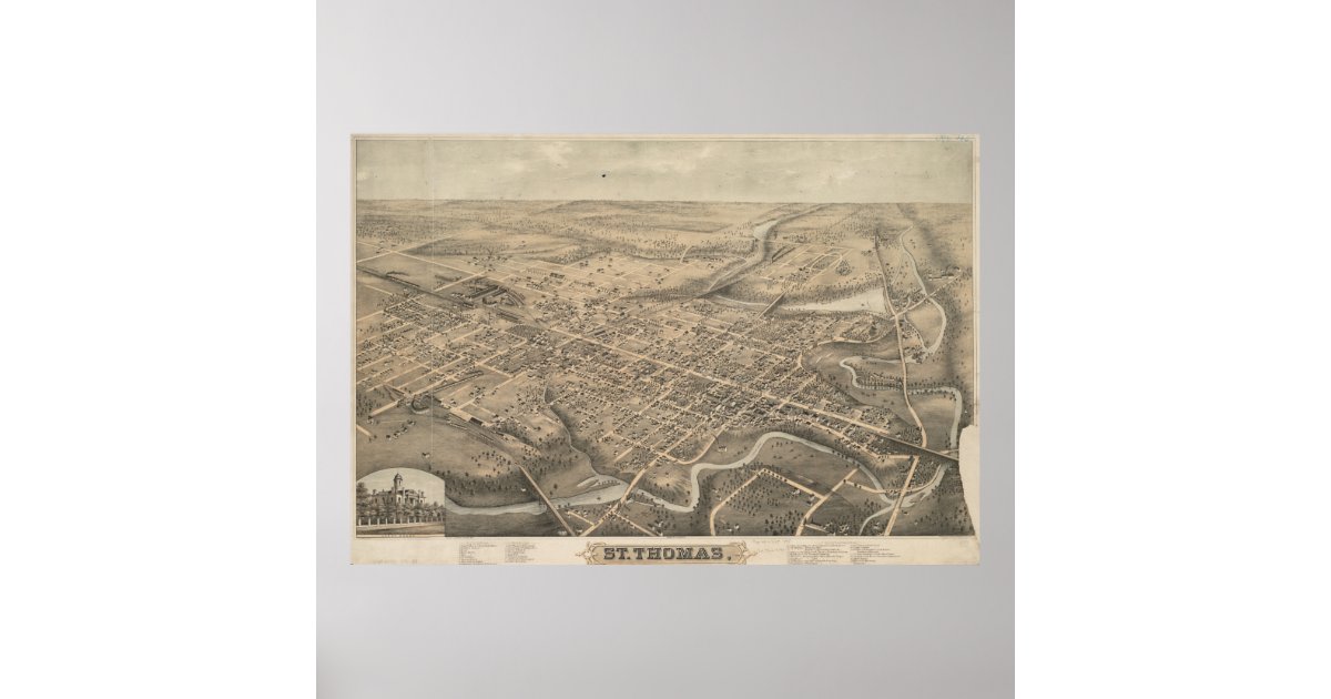 Vintage Pictorial Map of St. Thomas Ontario (1875) Poster | Zazzle