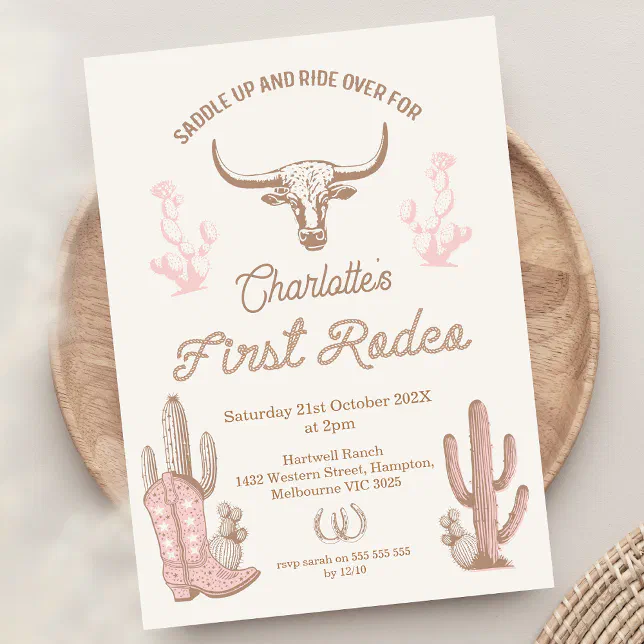 Vintage Pink Brown Girls First Rodeo 1st Birthday Invitation | Zazzle