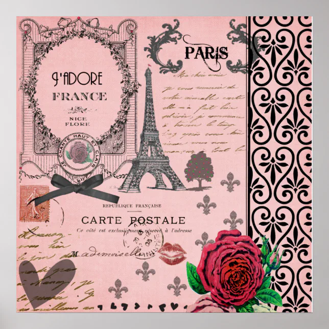 Vintage Pink Paris Collage art poster | Zazzle