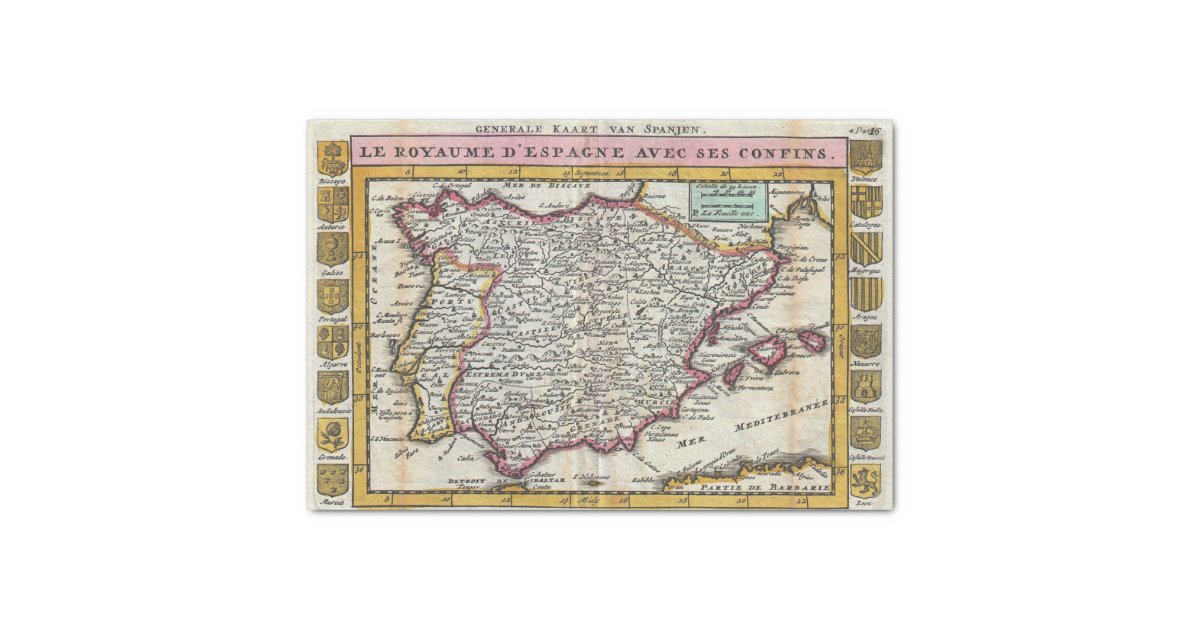 Vintage Spanish Kingdom Old World Map of Spain Tissue Paper | Zazzle