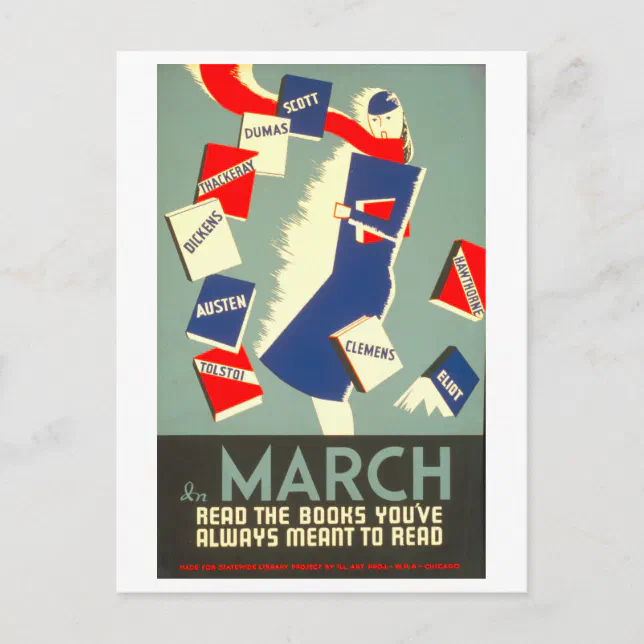 Vintage WPA Library Poster March Reading Postcard | Zazzle