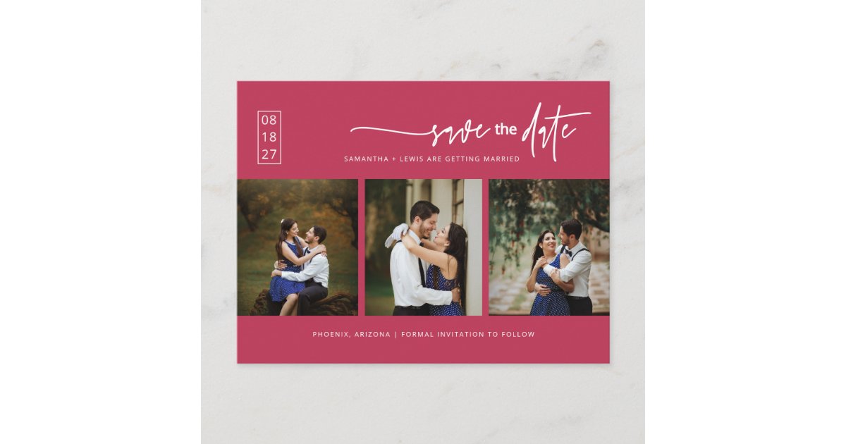 Viva Magenta Minimal Photo QR Code Save the Date Postcard | Zazzle