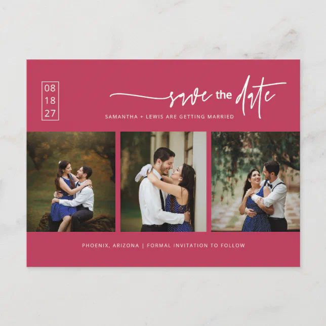 Viva Magenta Minimal Photo QR Code Save the Date Postcard | Zazzle