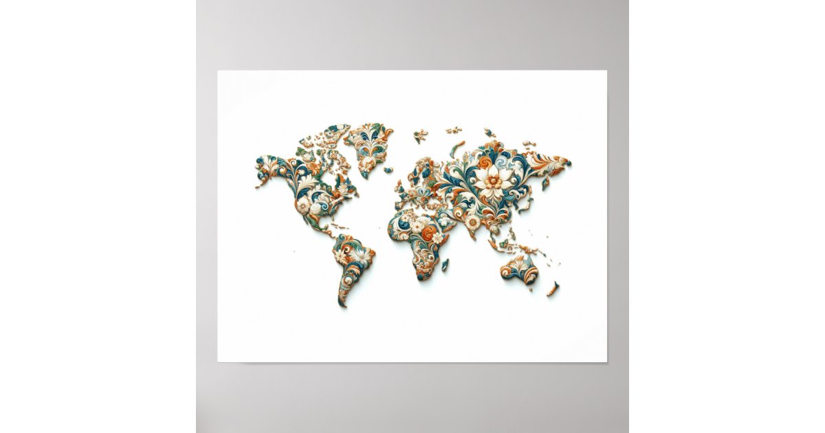 Wall Art World Map with Majolica design Poster | Zazzle