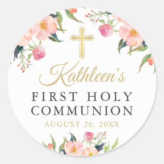 Watercolor Botanical Floral First Holy Communion Classic Round Sticker ...