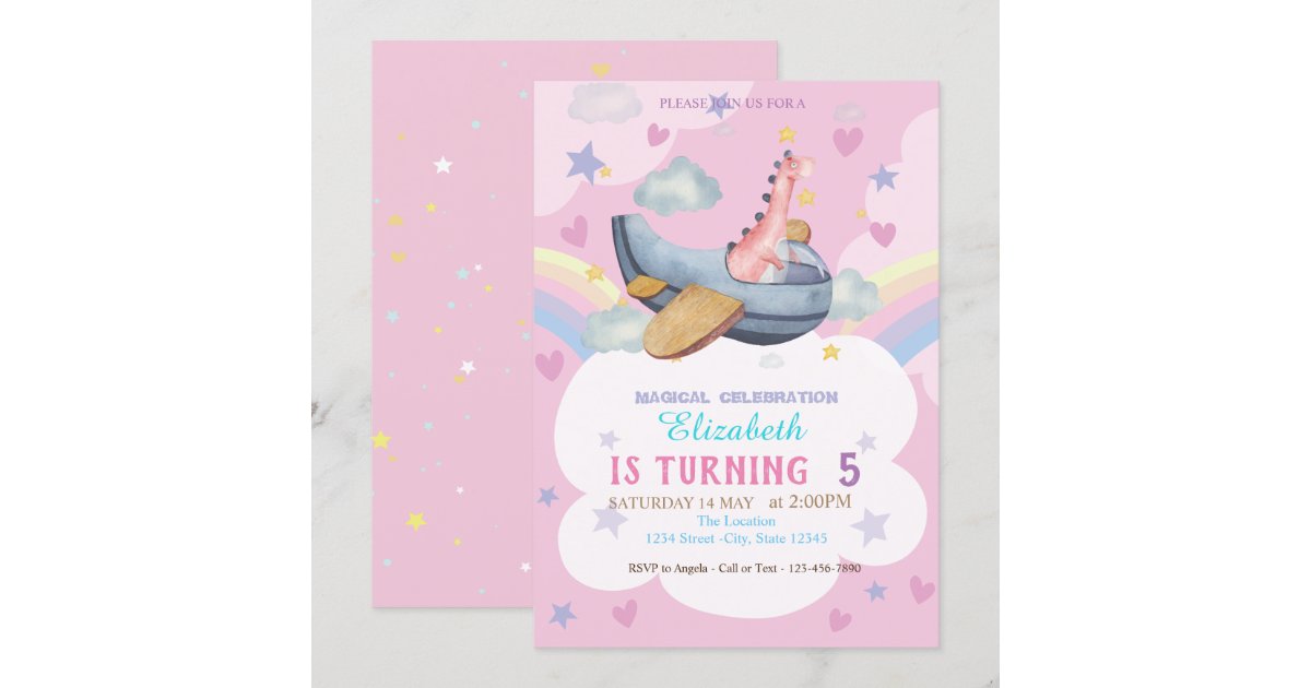 Watercolor Dino Aeroplane Rainbow Birthday Invitation | Zazzle