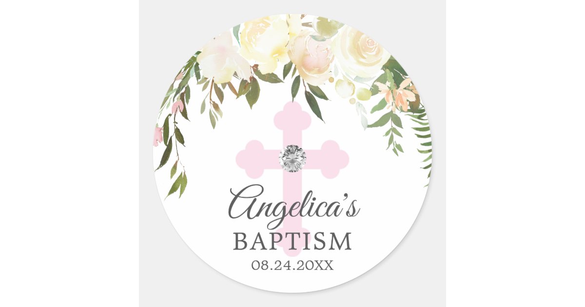 Watercolor Floral Pink Ivory Baptism Christening Classic Round Sticker ...