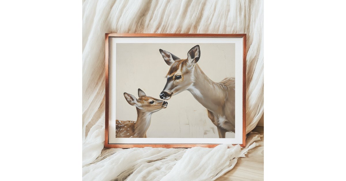 Watercolor Nature Mother Deer and Fawn Art Poster | Zazzle