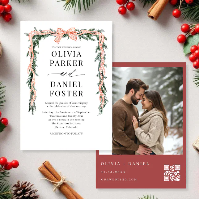 Watercolor QR Code Photo Bow Christmas Greenery Invitation | Zazzle