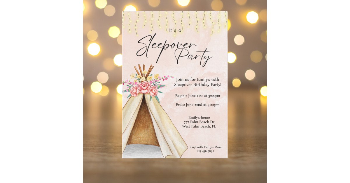 Watercolor Teepee Tent Sleepover Birthday Party In Invitation | Zazzle