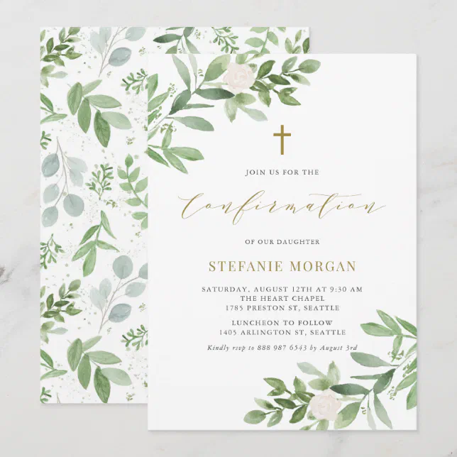 Watercolor White Flowers and Greenery Confirmation Invitation | Zazzle