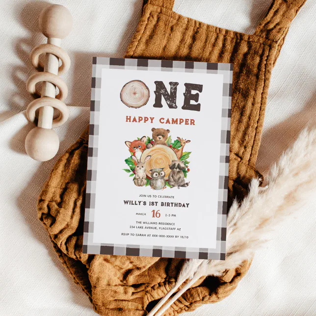 Watercolor Woodland Animals Happy Camper Birthday Invitation | Zazzle