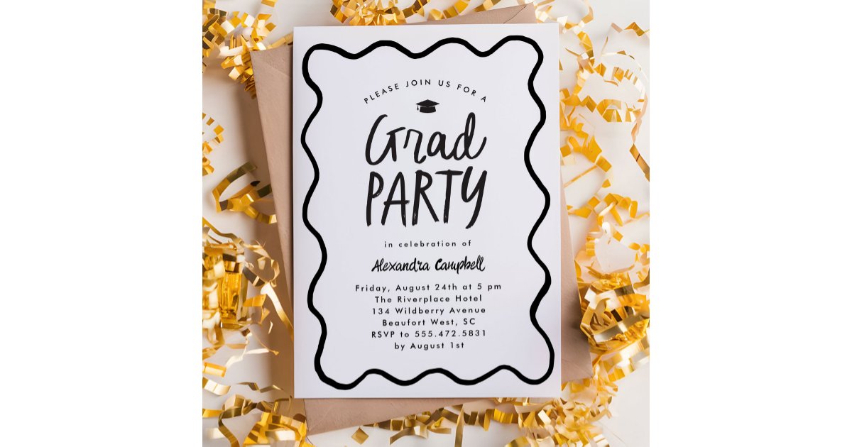 Wavy Frame Black White Hand Drawn Graduation Party Invitation | Zazzle