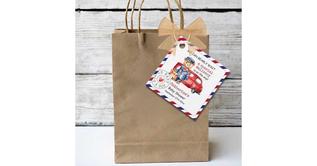 We Can Bearly Wait Special Delivery Baby Shower Favour Tags | Zazzle