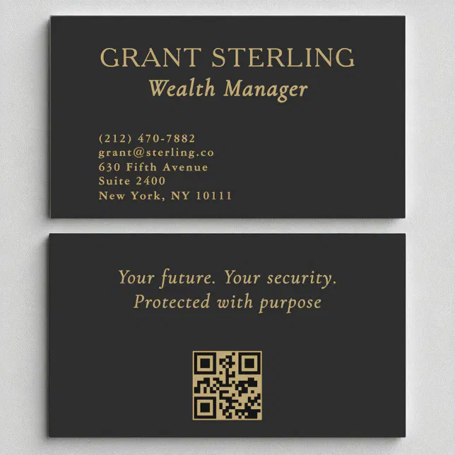 Wealth Manager Minimalist Black Gold QR Code Business Card | Zazzle