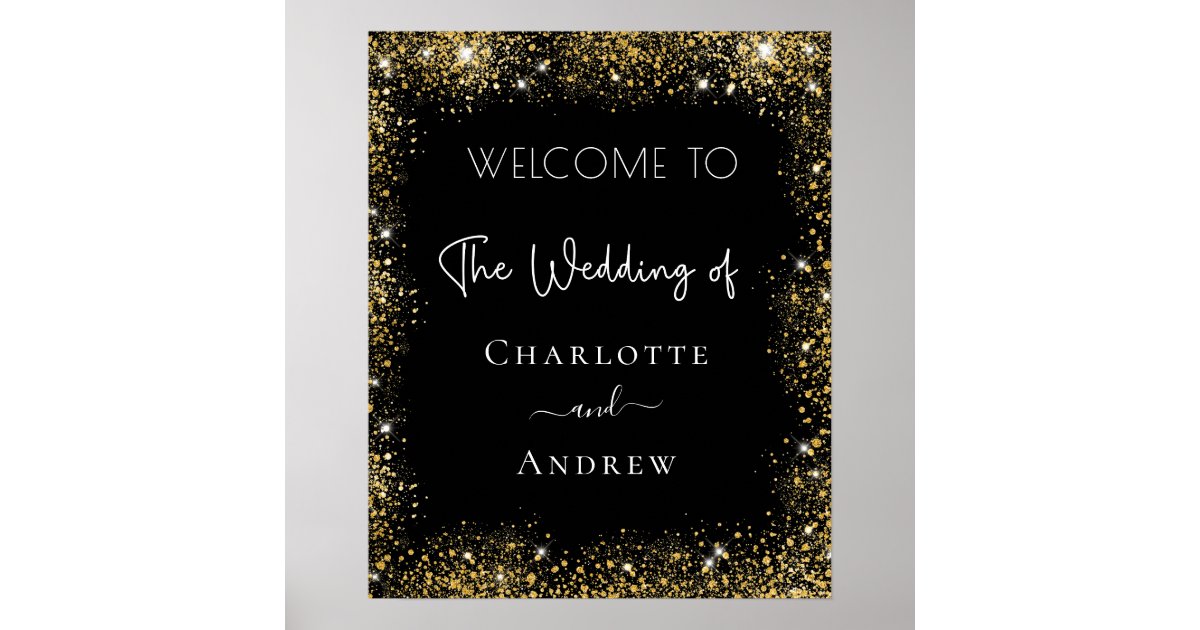 Wedding black gold sparkles welcome poster | Zazzle