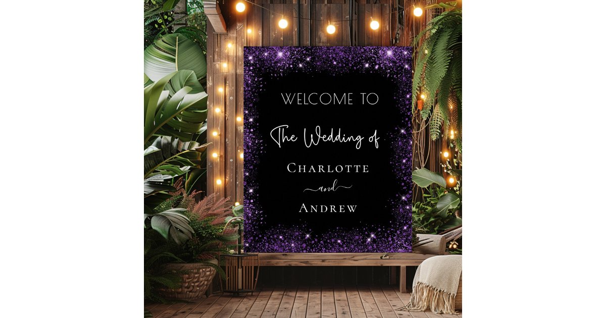 Wedding black purple sparkles welcome poster | Zazzle