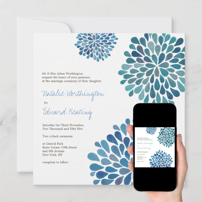 Wedding Cerulean Blue Flower Blooms Invitation | Zazzle