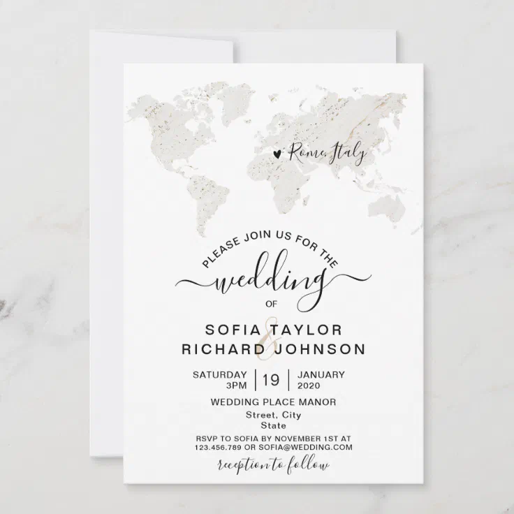Wedding Destination Marble World Map Invitation | Zazzle