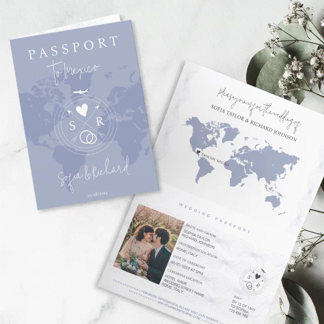 Wedding Destination Passport Dusty Blue World Map Invitation | Zazzle