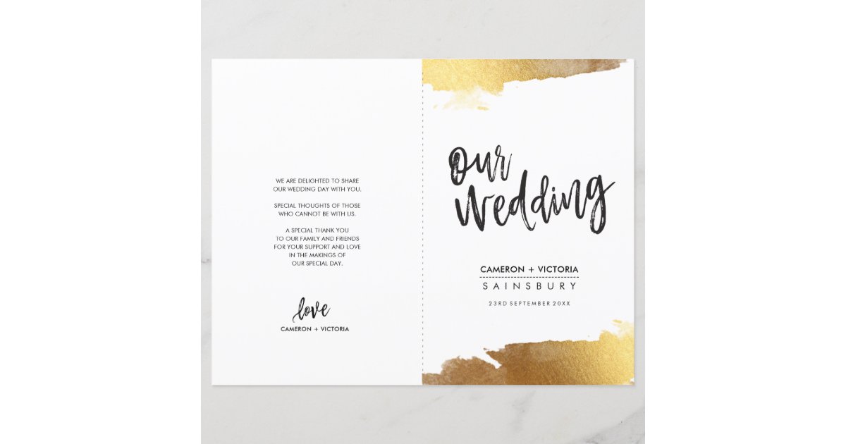 WEDDING PROGRAM brushed lettering luxe gilded gold | Zazzle