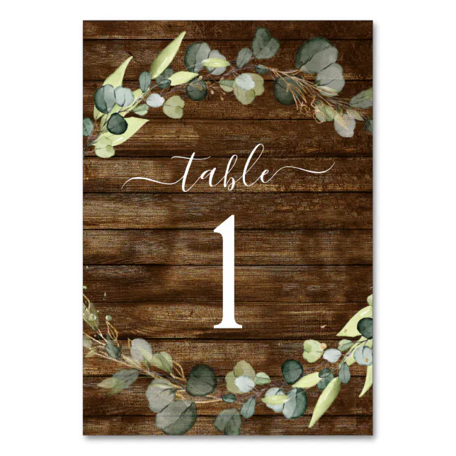 Wedding Reception Eucalyptus Greenery Rustic Wood Table Number | Zazzle